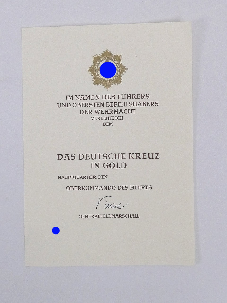 Large Blank Certificate German Cross in Gold Award Certificate GFM ...