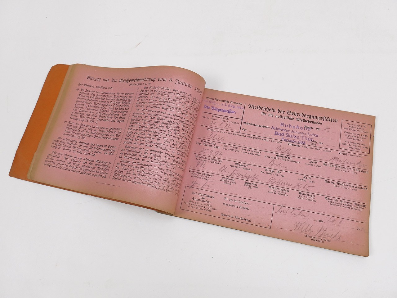 Block / book registration form for places of accommodation / Pol ...