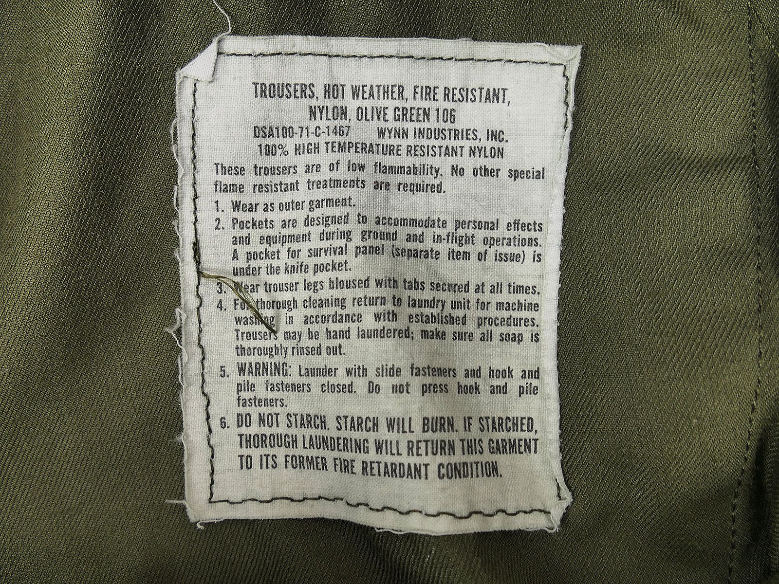 US Trousers Flyers Hot Weather Fire Resistant OG-106 Nylon 1971 Vietnam ...