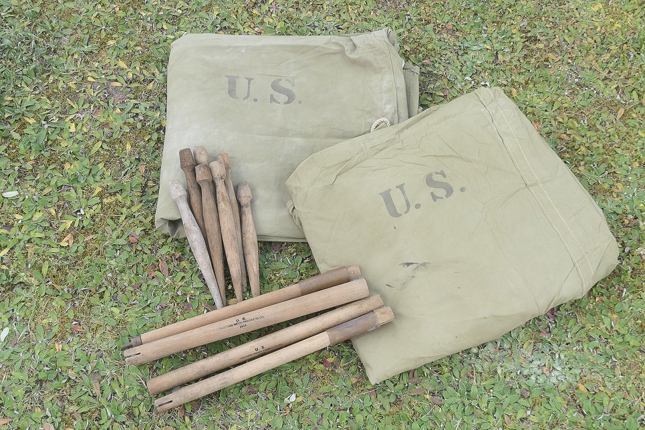 #1 US tent 2x tent canvas shelter tent half + 2x poles 7x wooden stakes ...