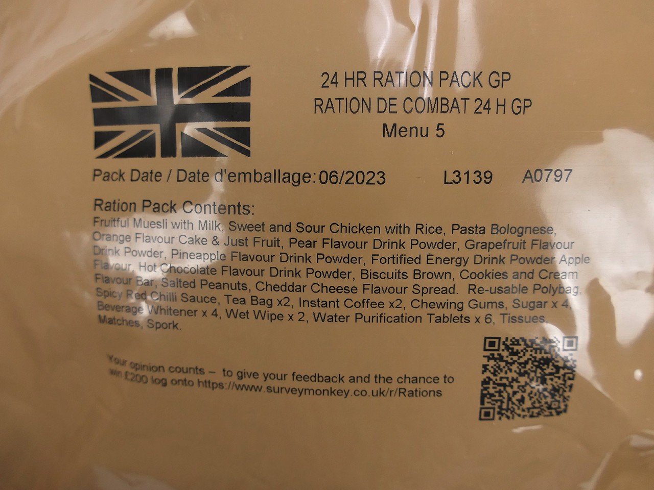 MENU 5 - 1x BRITISH ARMY EPA MRE 24 Hour GP Ration Pack Combat Rations ...